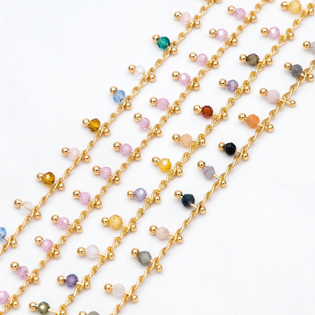 Gold Beaded Chain, Curb Chain With 2mm Round Beads, DIY Necklace ...