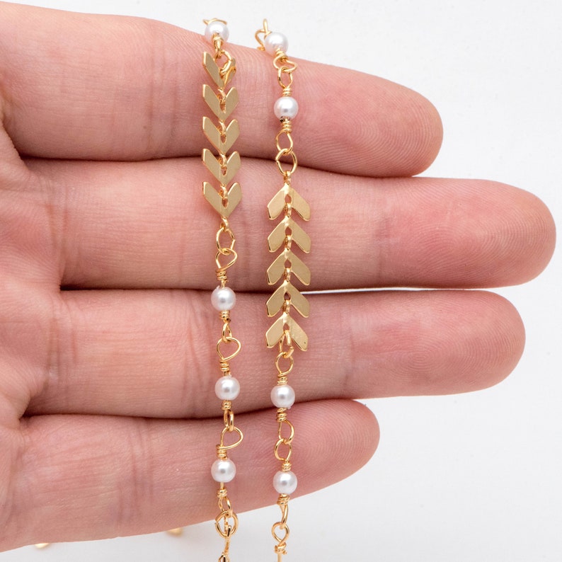 Gold Chevron Chain With Faux Pearl Connector, 18K Gold Plated Brass ...