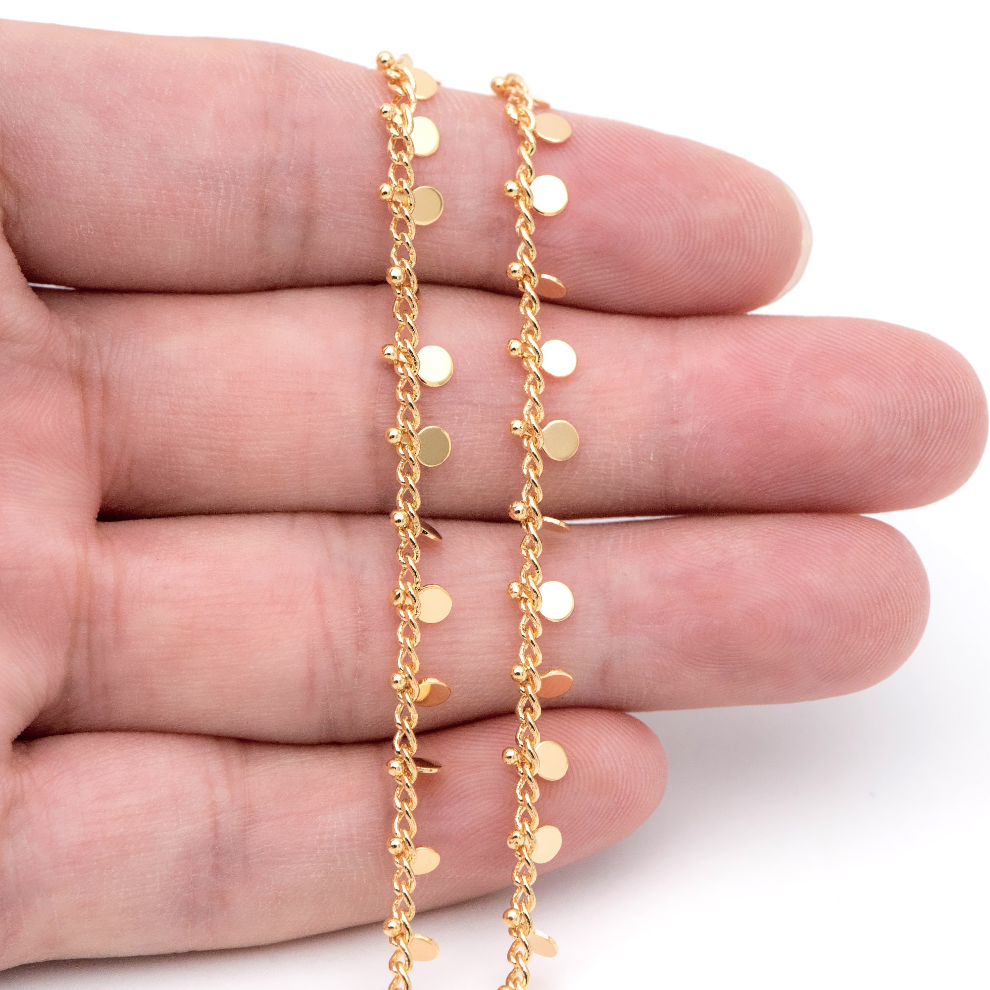 Gold Curb Chain With 3mm Round Disc Charms 18K Gold Plated | Etsy