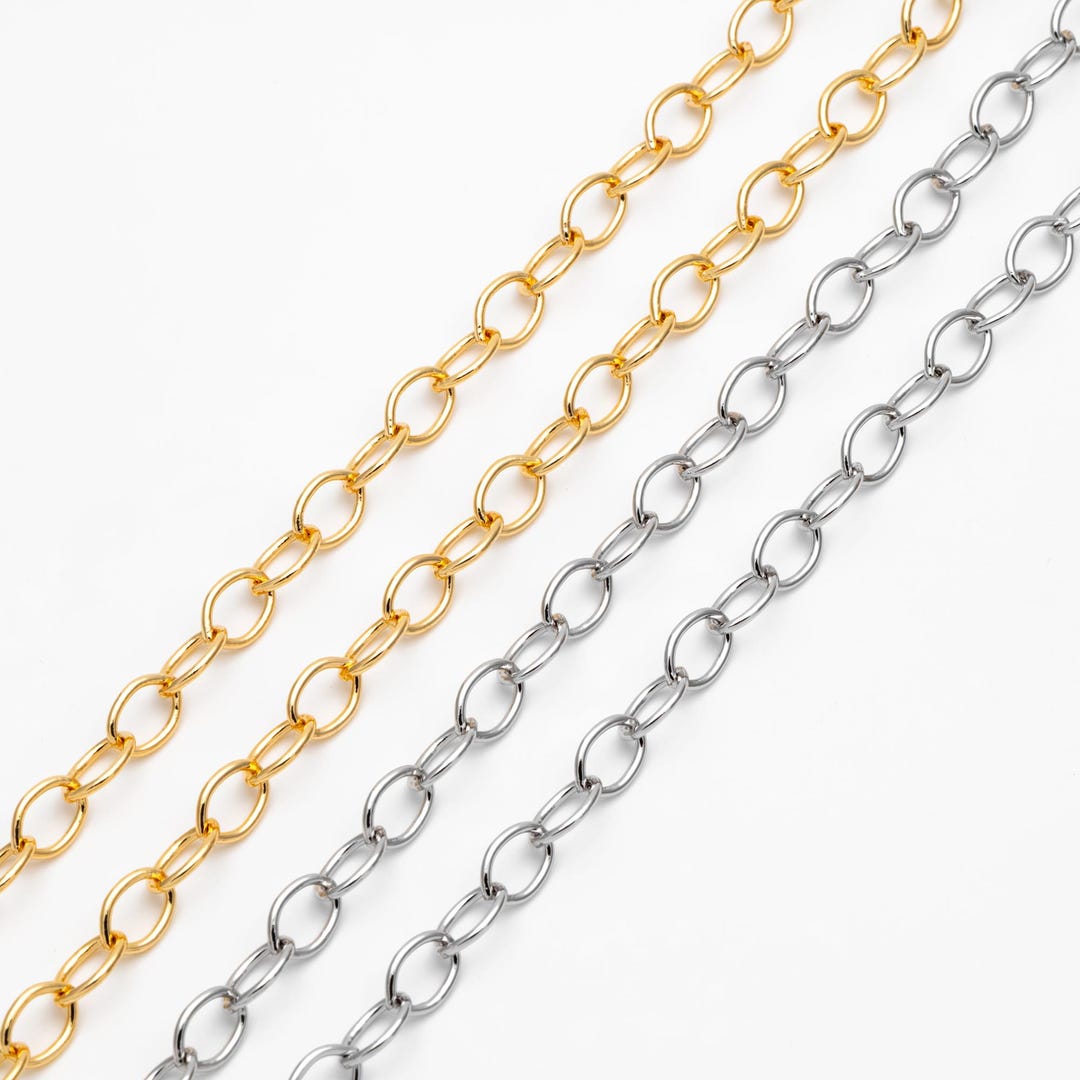 Gold/ Rhodium Plated Brass Oval Chains, Link Size 6.3x9mm, Cable Chain ...