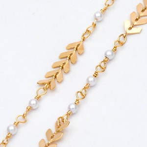 Gold Chevron Chain With Faux Pearl Connector, 18K Gold Plated Brass ...