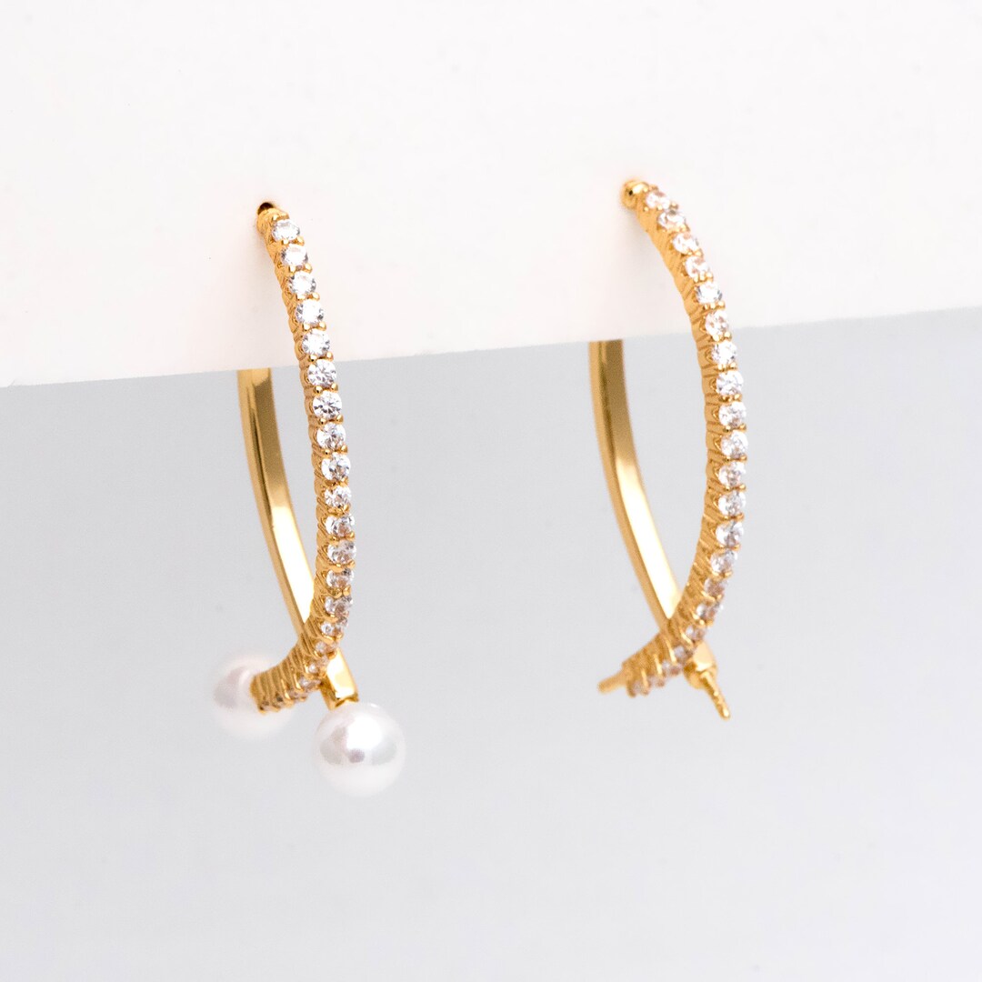 4pcs CZ Pave Gold Curved Bar Ear Posts With Ear Back Stopper, Pearl ...