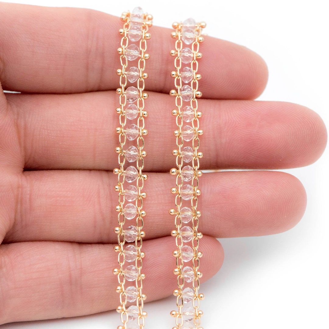 Gold Plated Brass Beaded Chain 7.5mm, Designer Chain With Clear Crystal ...