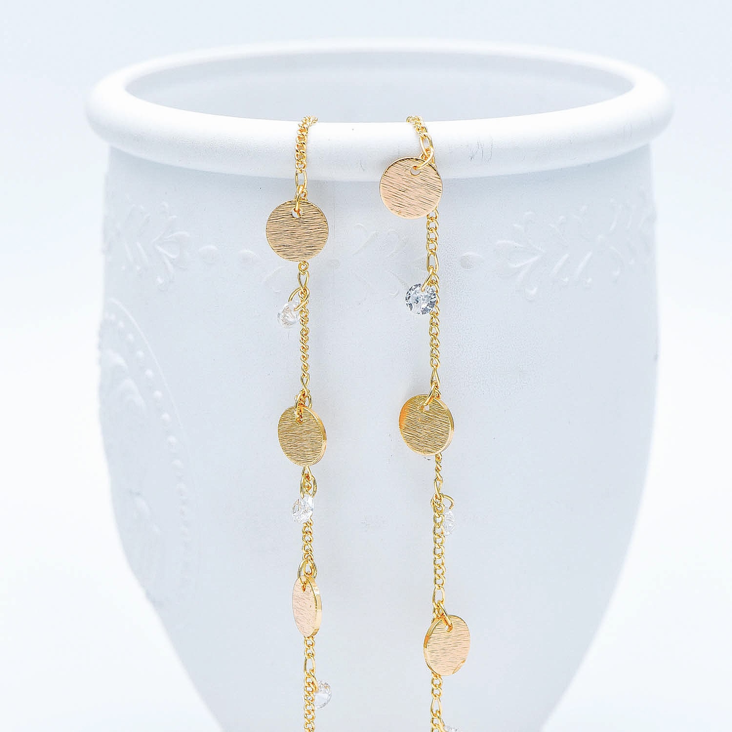 Gold Chain With Disc and CZ Charms, Curb Chain With Brushed Gold Disk ...