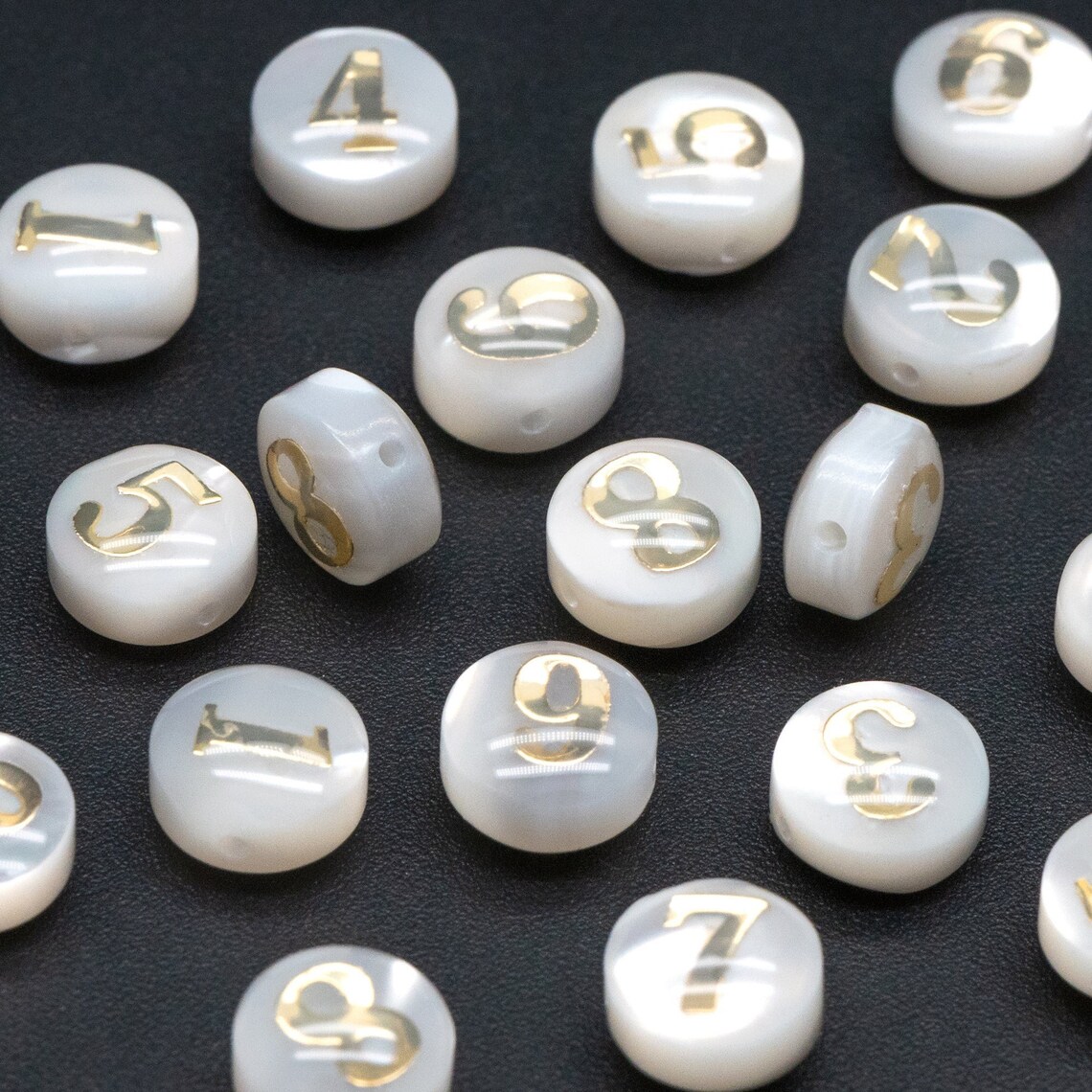 6mm Natural Shell With Gold Number Beads- Coin Puff Spacer - Double ...