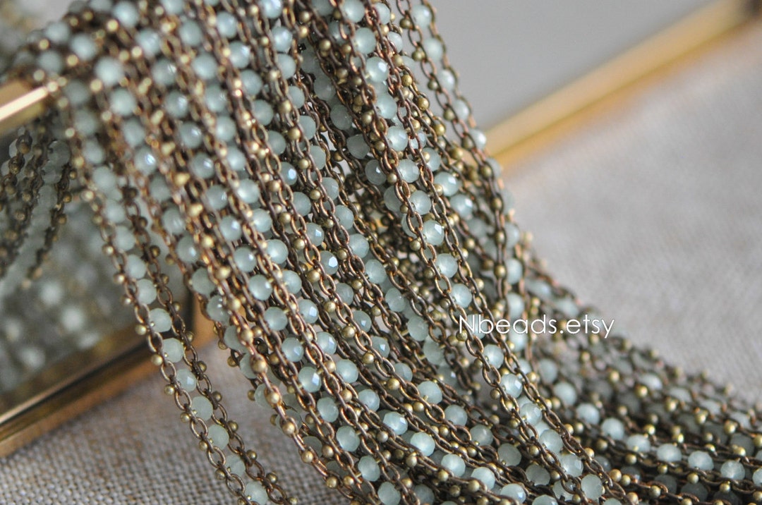 Crystal Glass Bead Chain 7mm, Unplated Brass Designer Chain, Green ...