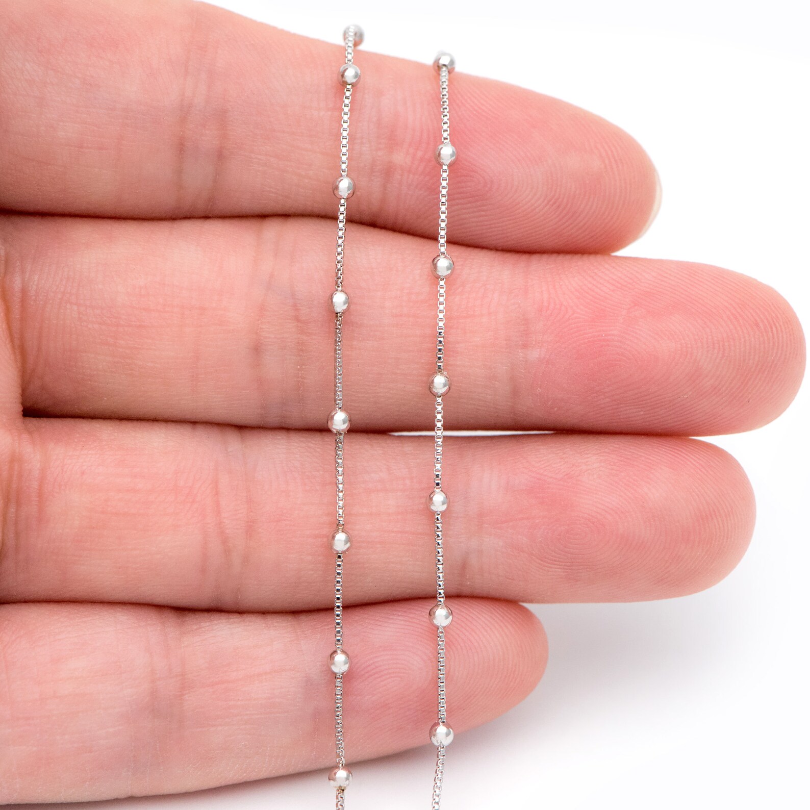 Silver Tone Beaded Chains, 0.7mm Box Chain With 2mm Round Beads, White ...