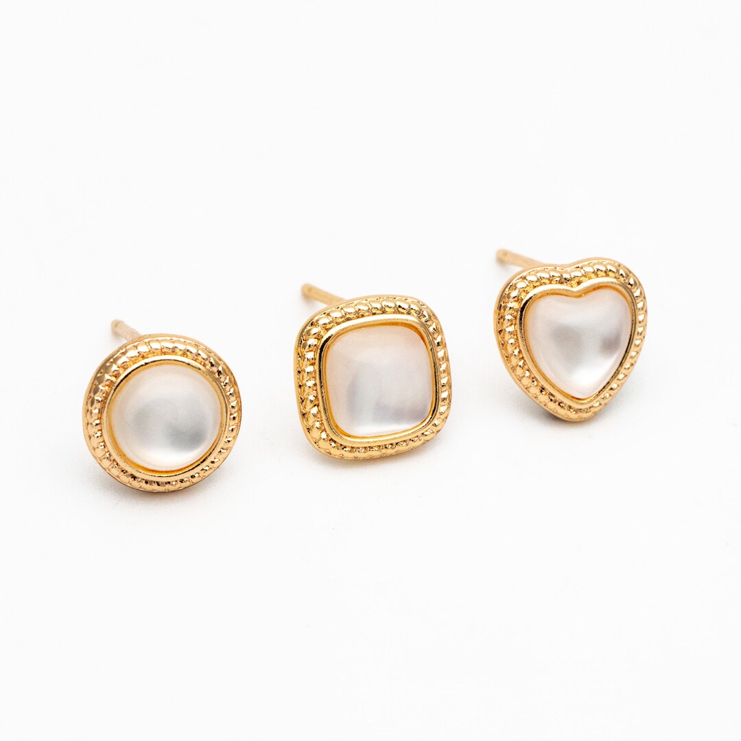 4pcs Shell Pave Round/ Square/ Heart Earrings, Gold Plated Brass ...