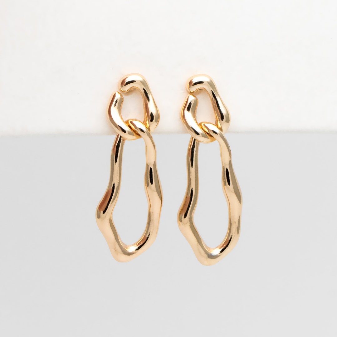 4pcs Gold Chain Link Earring Studs, 18K Gold Plated Brass, Oval Hoop ...
