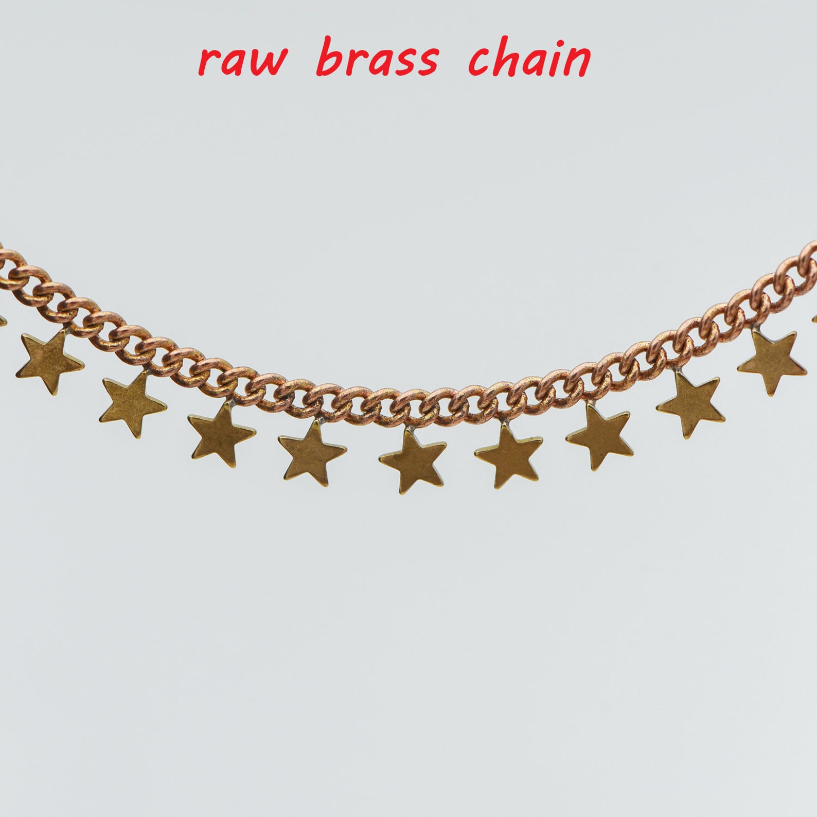 Raw Brass Star Beaded Chain, Unplated Curb Chain With Star Charms ...