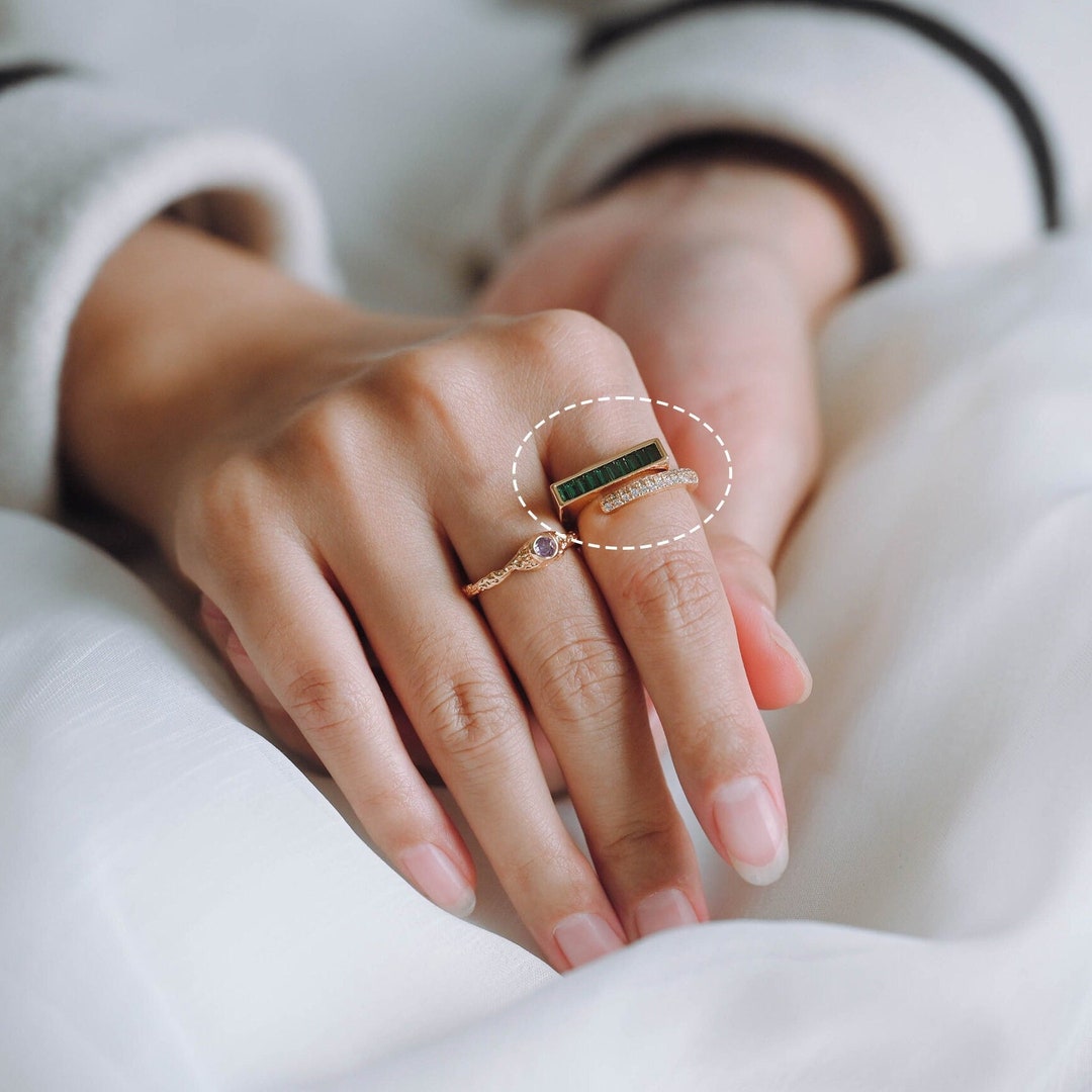 4pcs CZ Pave Emerald Bar Ring, Sparkling Flat Bar Ring, Adjustable Ring ...