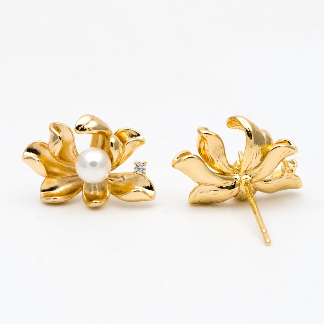 4pcs CZ Pave Gold Flower Ear Posts 11x16mm, Pearl Peg Earring Mounts ...