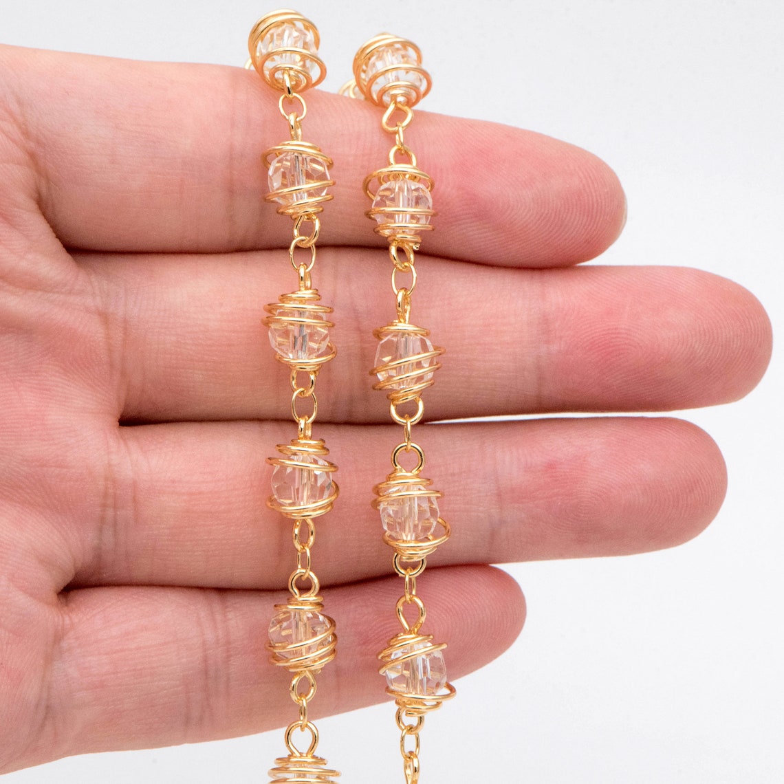 Gold Crystal Bead Chain 7.5mm, Glass Rondelle Beaded Chain, Handmade ...