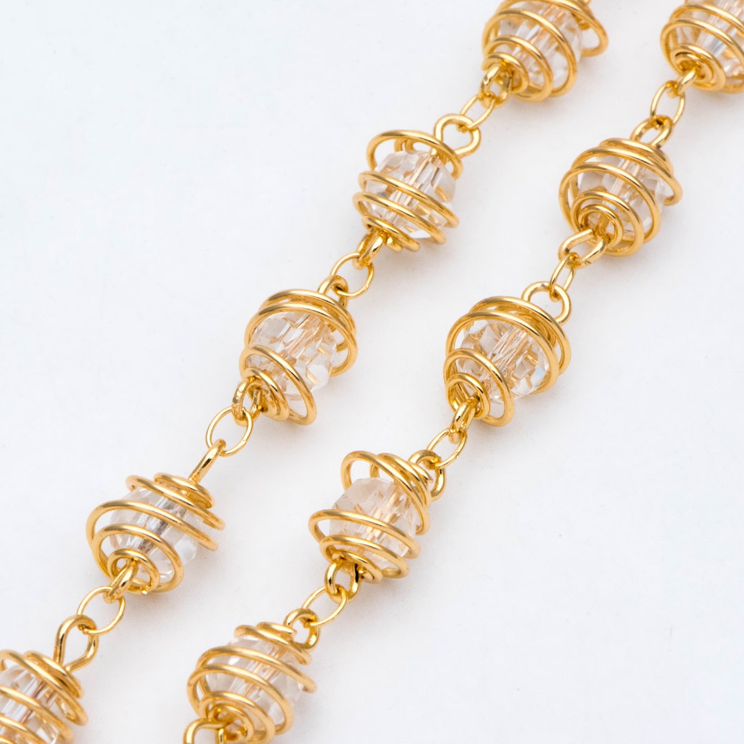Gold Crystal Bead Chain 7.5mm, Glass Rondelle Beaded Chain, Handmade ...
