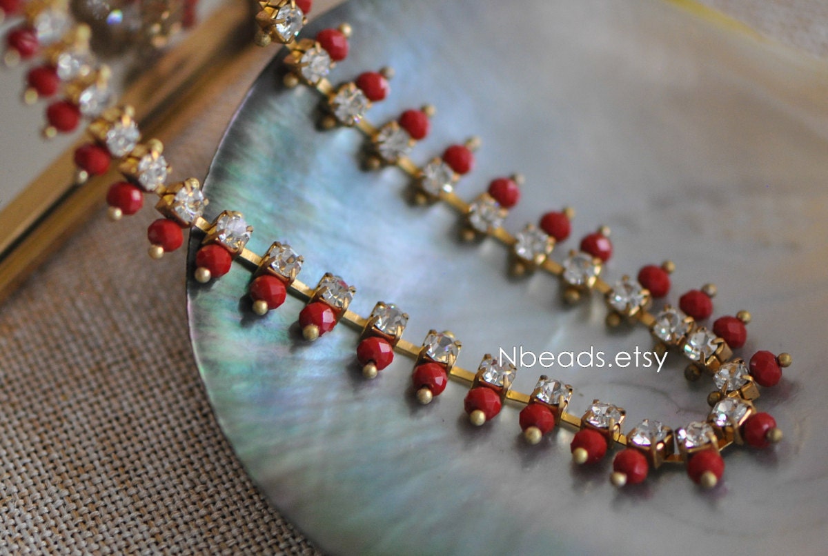 Red Crystal Glass Bead Chain 9mm, Rhinestone Unplated Brass Designer ...