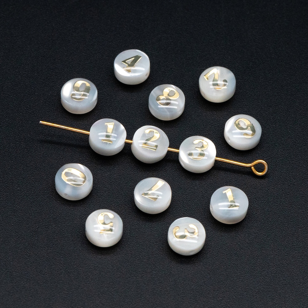 6mm Natural Shell With Gold Number Beads- Coin Puff Spacer - Double ...