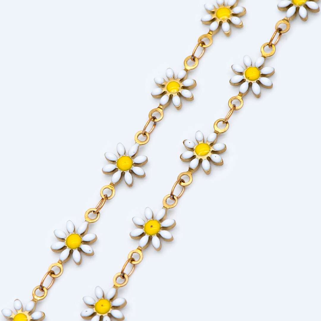 Enamel Flower Chain, Daisy Chain, Unplated Raw Brass Designer Chain 6mm ...