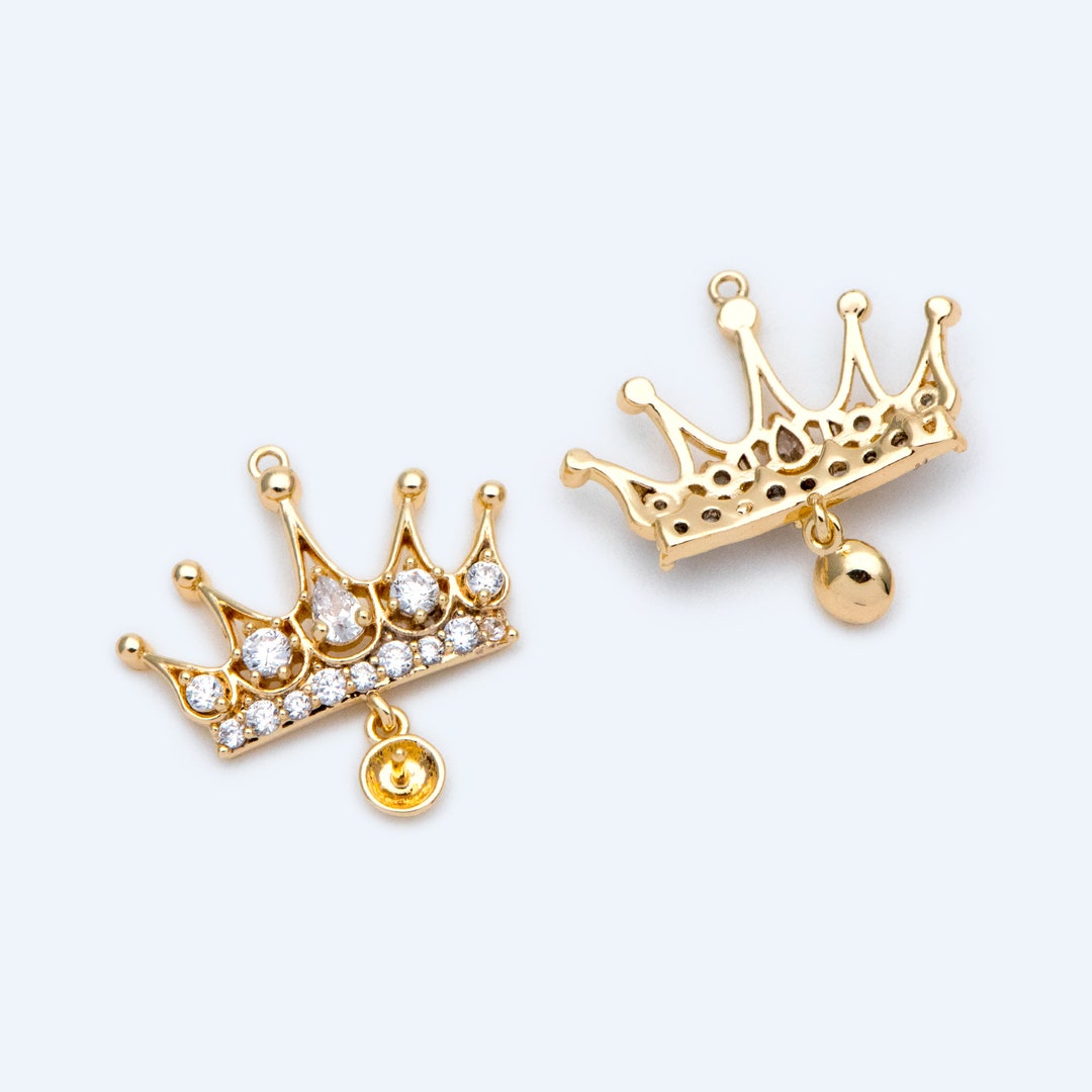 4pcs Gold Crown Charm With Half Drilled Pearl Peg, Real Gold Plated ...