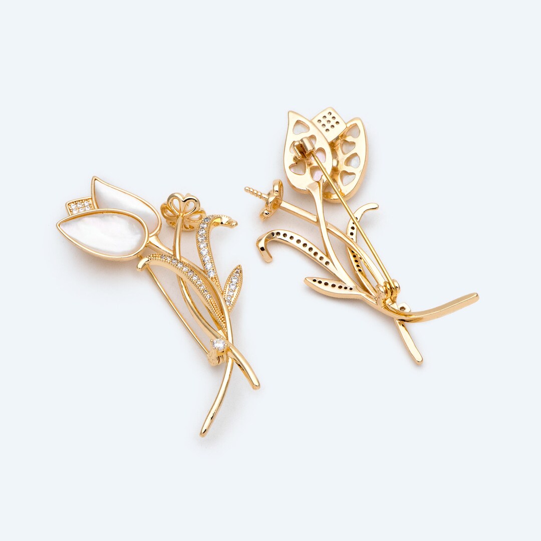 1pcs Shell Pave Gold Tulip Brooch, CZ Pave Brooch With Pearl Setting ...