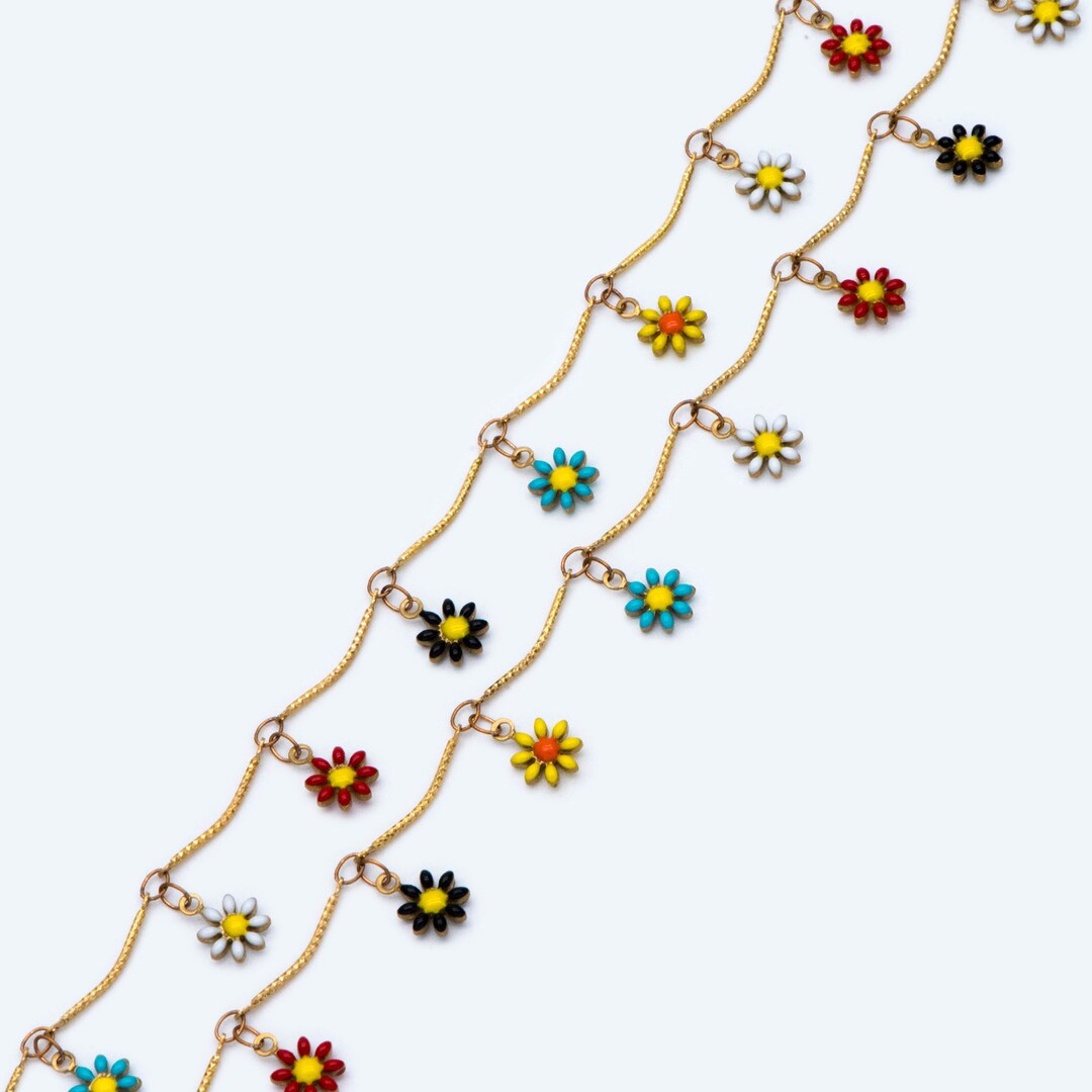 Enamel Flower Chain, Daisy Chain, Unplated Raw Brass Designer Chain 6mm ...