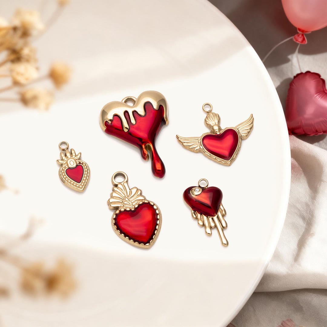 4pcs Enamel Red Heart Charms, PVD Gold Stainless Steel, Jewelry Making ...