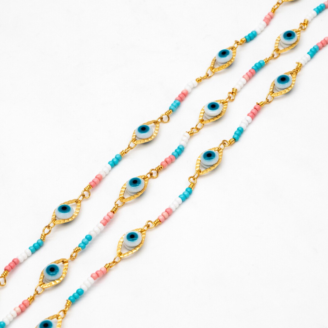 Gold Evil Eye Chain With Seed Beads, 18K Gold Plated Brass, Designer ...