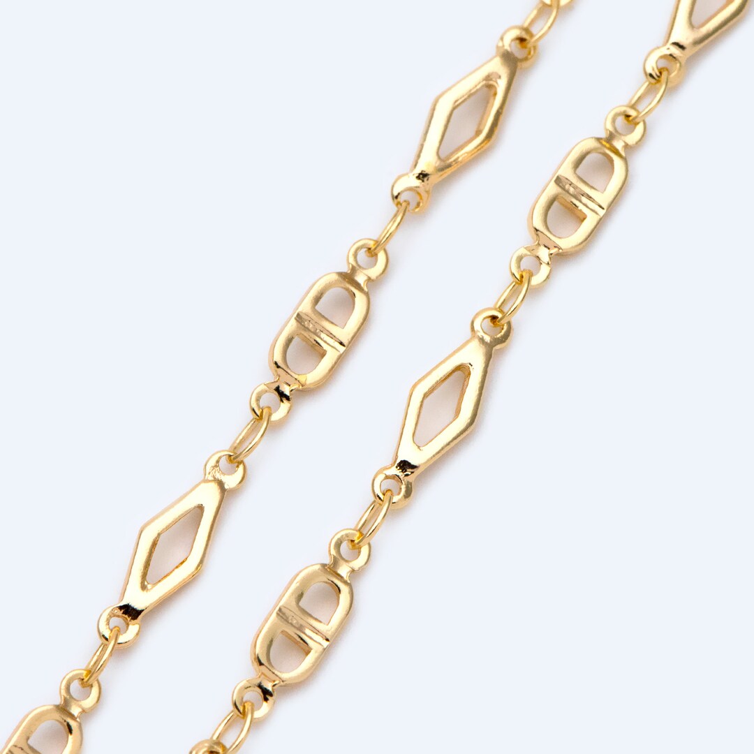 Gold Plated Brass Rhombus and Mariner Link Chain, 18K Gold Plated Brass ...