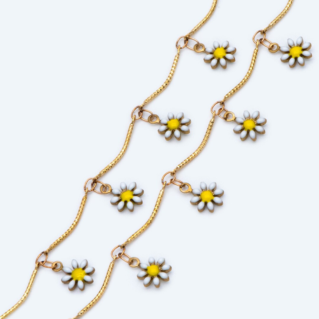 Enamel Flower Chain, Daisy Chain, Unplated Raw Brass Designer Chain 6mm ...