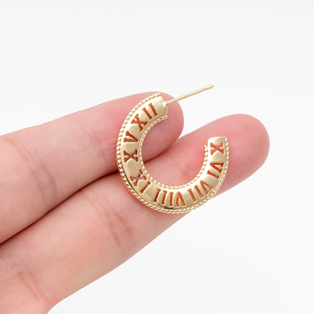 4pcs Gold Roman Numerals Round Circle Earrings 26mm, Gold Plated Brass ...