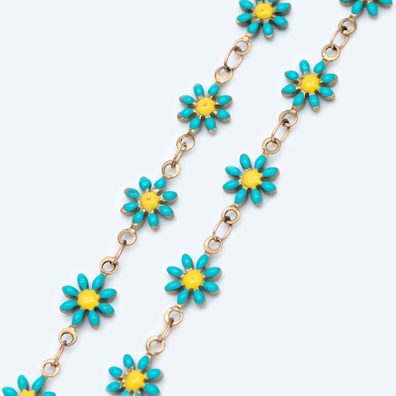 Enamel Flower Chain Daisy Chain Unplated Raw Brass Designer | Etsy
