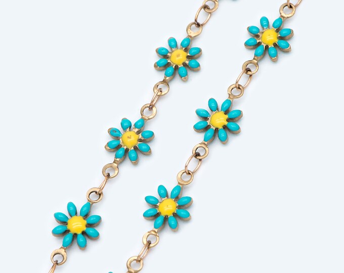 Enamel Flower Chain, Daisy Chain, Unplated Raw Brass Designer Chain 6mm ...