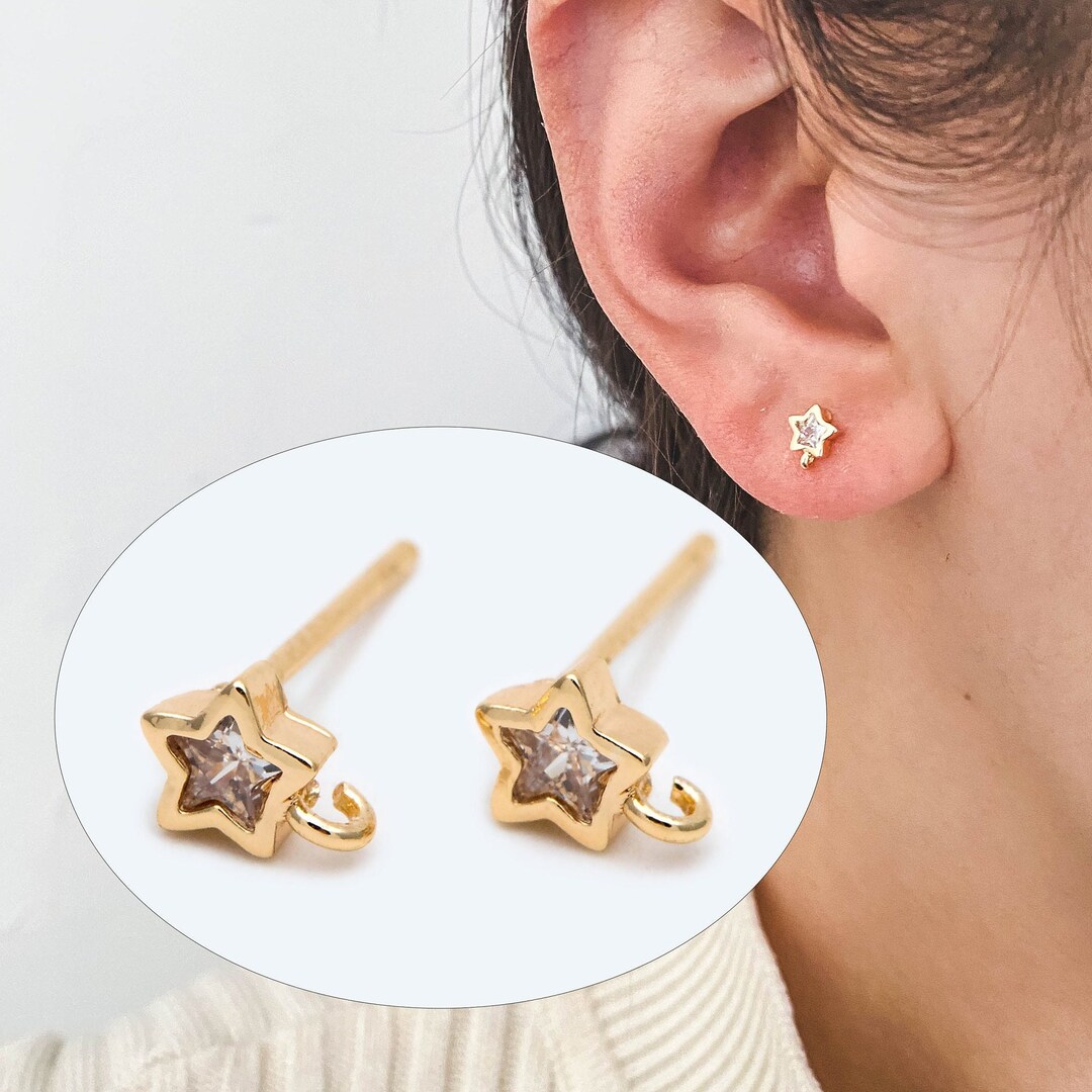 10pcs CZ Pave Star Ear Posts, Gold Plated Brass Stud Earrings, Jewelry ...
