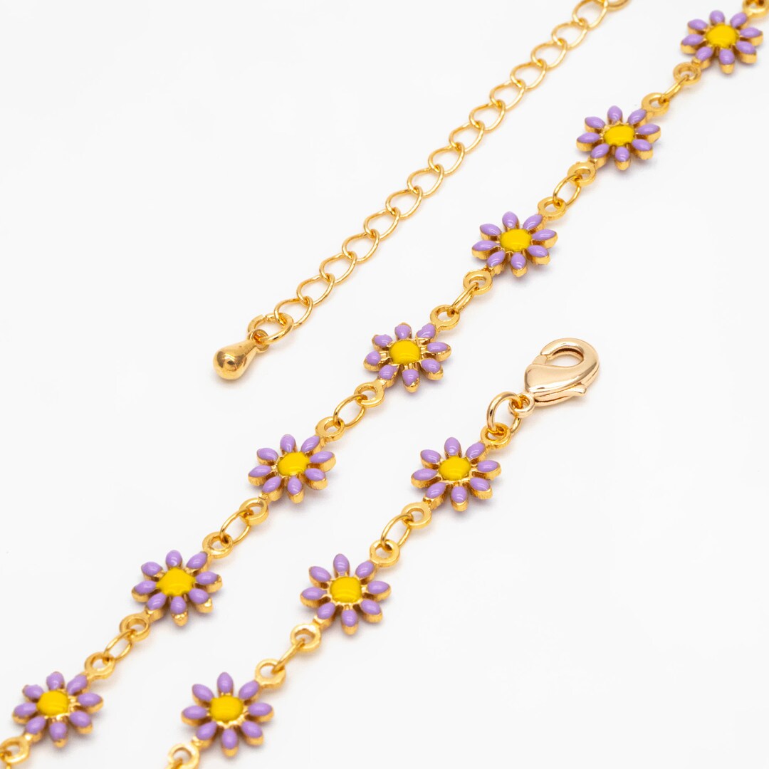 Gold Enamel Flower Chain, Purple Daisy Chain, Finished Bracelet/ Anklet ...
