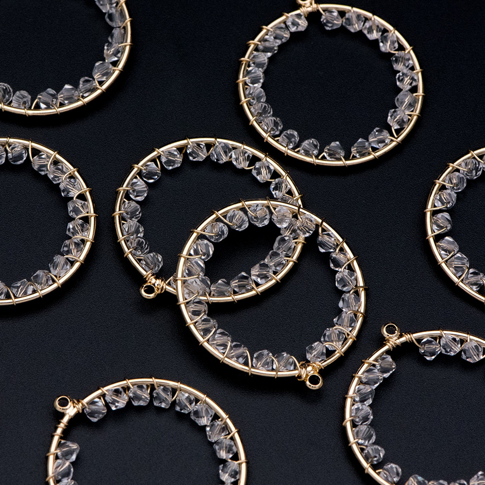 10pcs Gold Beaded 31x33mm Round Loop Charms, Wired Crystal Beads ...
