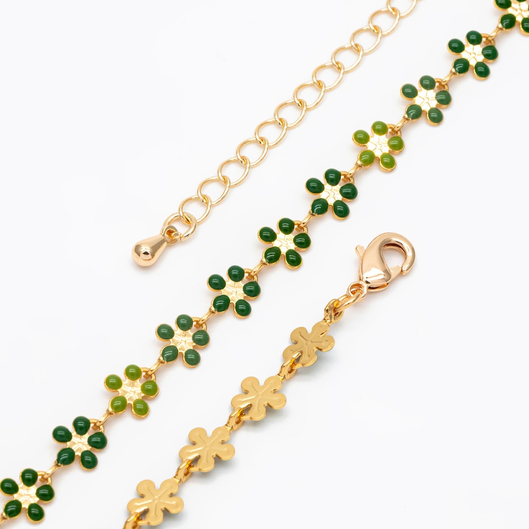 Green Enamel Flower Chain, 18K Gold Plated, Adjustable Bracelet/ Anklet ...