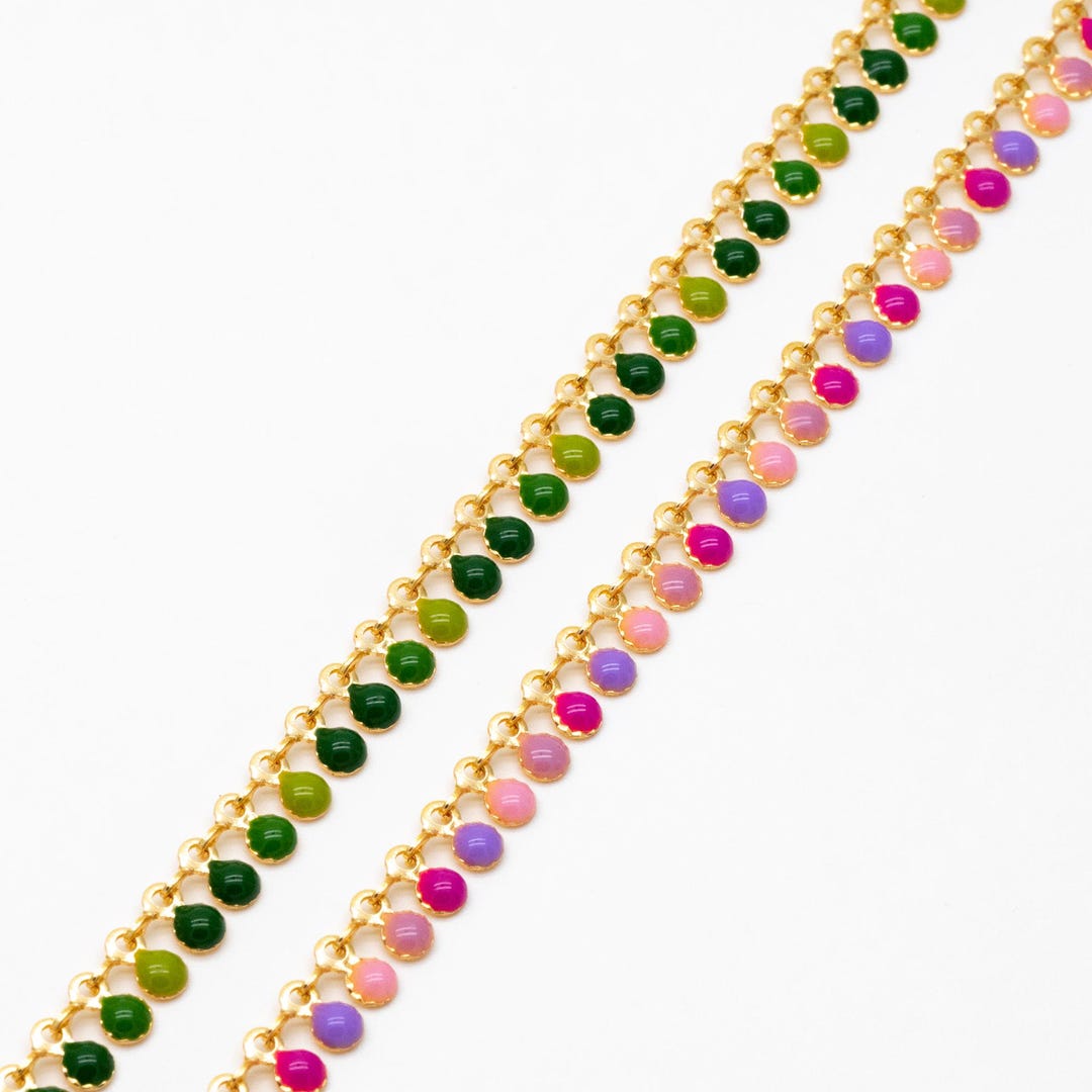 Purple / Green Enamel Beaded Chain 6mm, 18K Gold Plated Brass, Quality ...