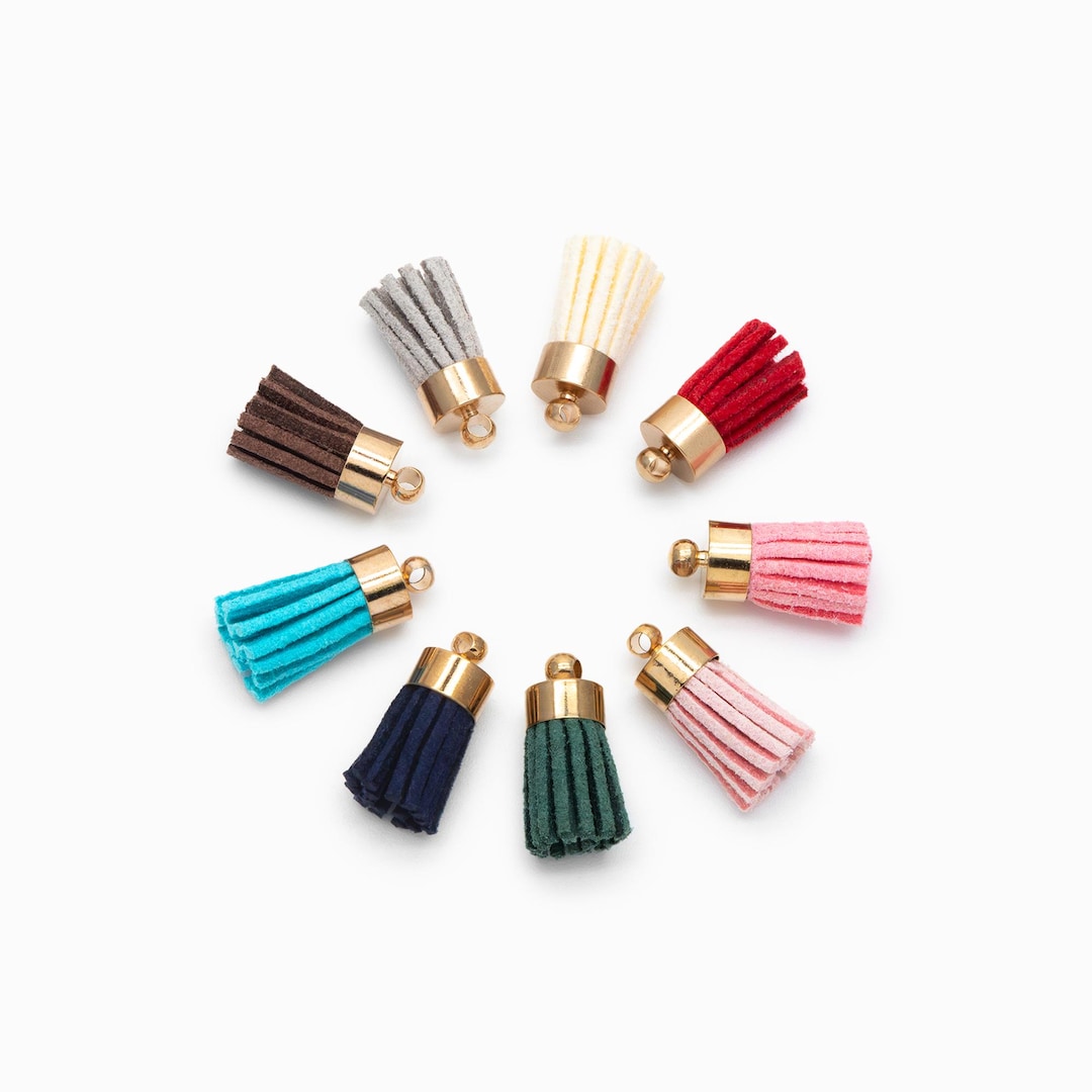 10pcs Mini Suede Tassel With Gold Top Caps, Small Leather Tassel Charm ...