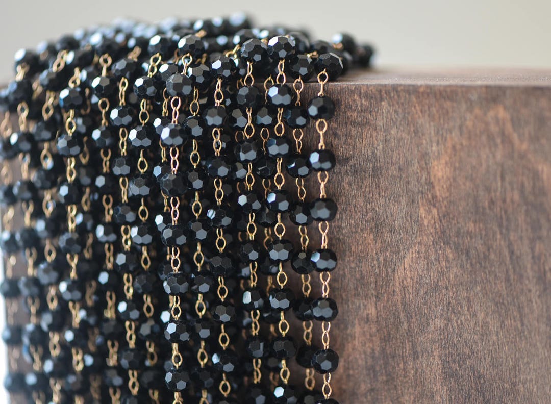 Crystal Faceted Round Bead Chain, Raw Brass Beaded Chains, 4mm Black (# ...