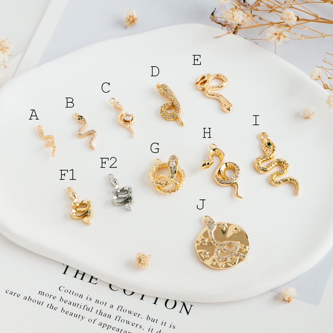 4pcs Gold Snake Charm, 18K Gold Plated Brass, Snake Necklace Charm ...