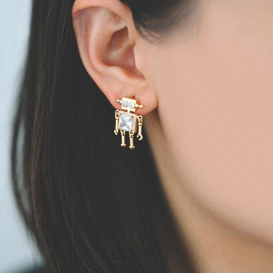 4pcs CZ Pave Gold Robot Earrings 22x14mm, Gold Plated Brass, Dainty ...