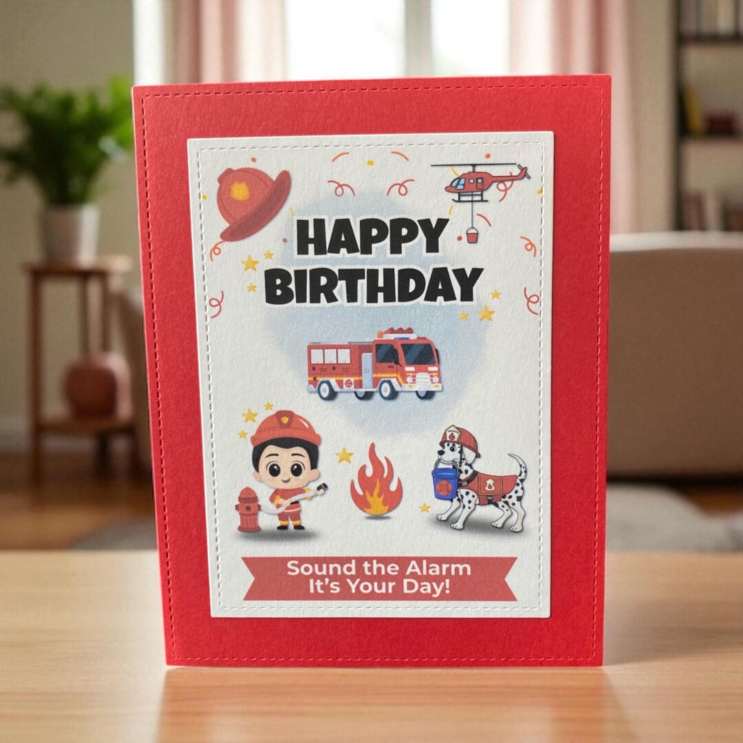 Firefighter Birthday Card for Kids – Handmade Red Firetruck Party Card ...