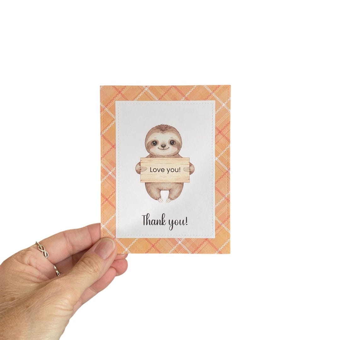 Cute Sloth Thank You Card – Love You Message – Handmade Orange Plaid ...