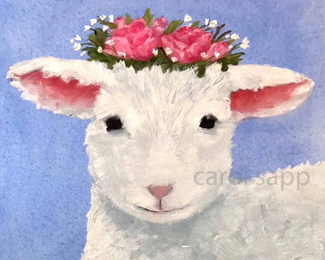 Lamb Oil Painting-spring Lamb With Flowers-archival Print of Original ...