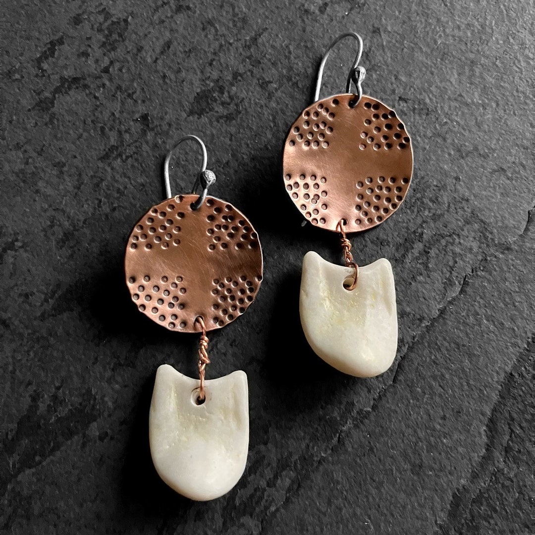Copper and Replica Elk Tooth Earrings - Hand Textured, Round ...