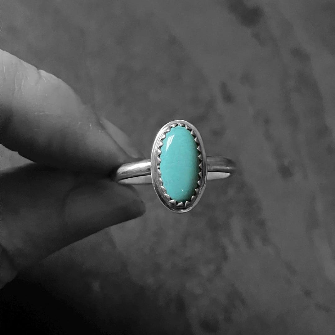 Turquoise Silver Ring Medium Sky Blue Natural Turquoise Long Oval ...