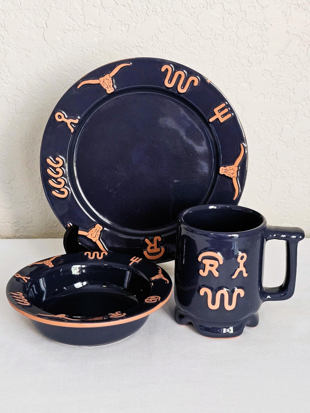 Vintage Frankoma Pottery Western Ranch Pattern in Navy Blue - Etsy