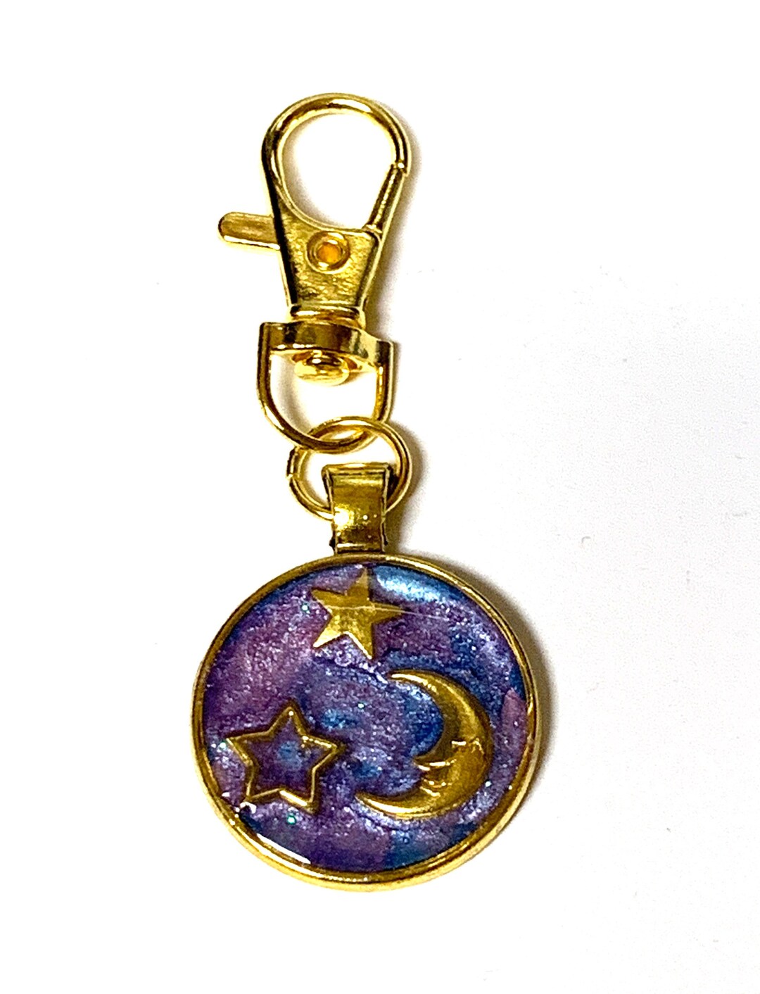 Gold Celestial Moon and Stars Keychain With Purple and Blue Galaxy ...