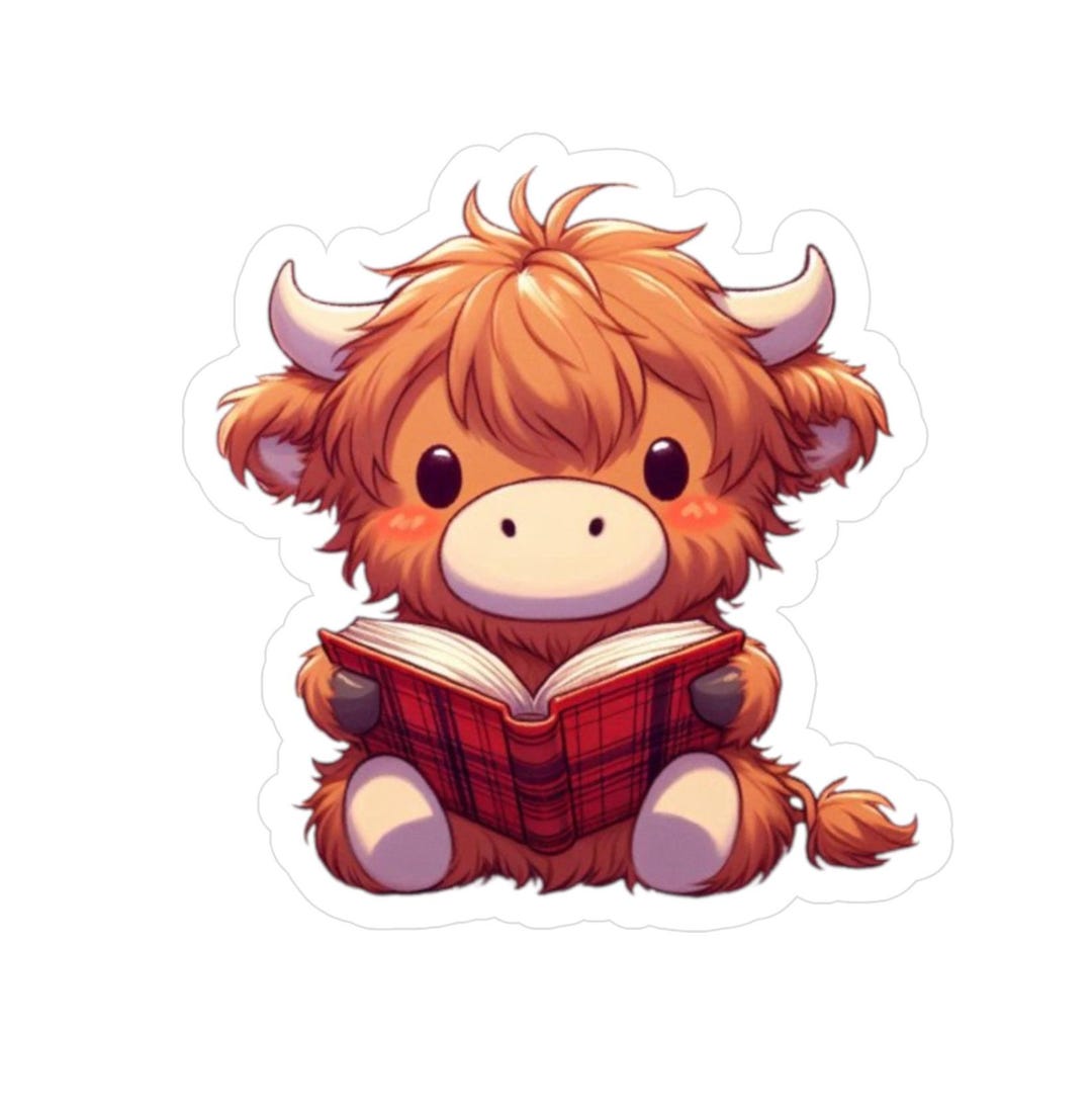 Cute Highland Cow Reading a Book Vinyl Decal Sticker - Perfect for ...