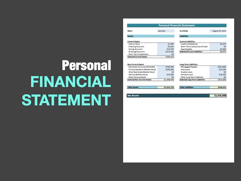 Personal Financial Statement Excel Template — Instant Download - Etsy