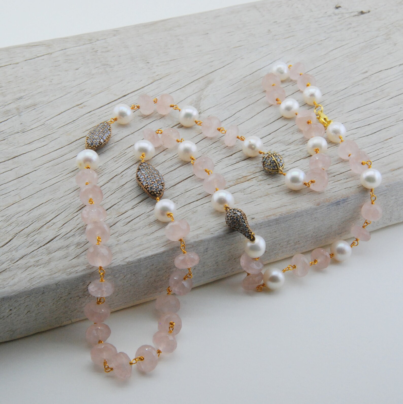 Pink Quartz Necklace Pearl Necklace Pink Boho Necklace - Etsy